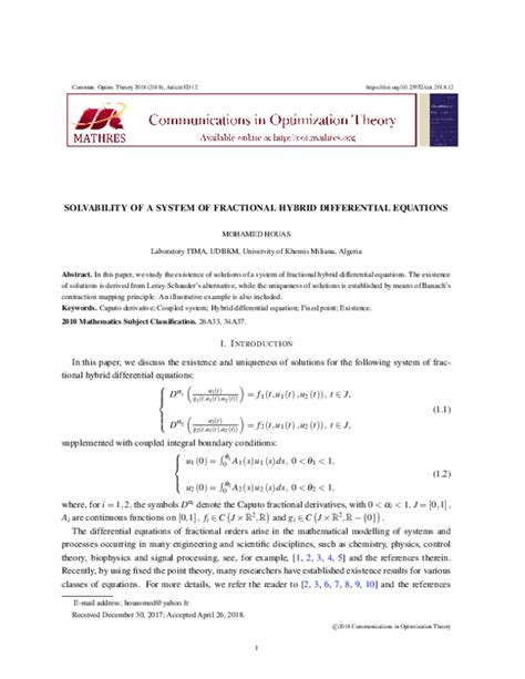Pdf Solvability Of A System Of Fractional Hybrid Differential Equations