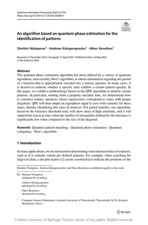 Pdf An Algorithm Based On Quantum Phase Estimation For The Identification Of Patterns