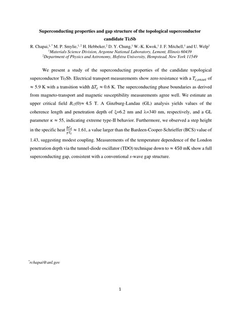 Pdf Superconducting Properties And Gap Structure Of The Topological Superconductor Candidate