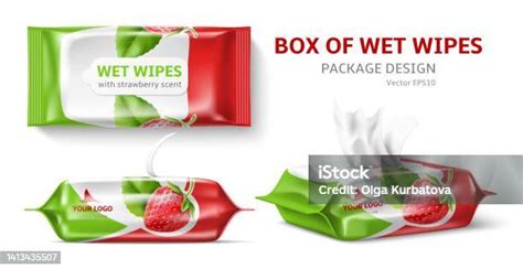 사실적인 젖은 물티슈 디자인 클렌징 화장품 물티슈 항균 함침 가족 포장 다른 각도보기 딸기 냄새 광고 3d 요소 완전한 벡터 개념 소포에 대한 스톡 벡터 아트 및 기타