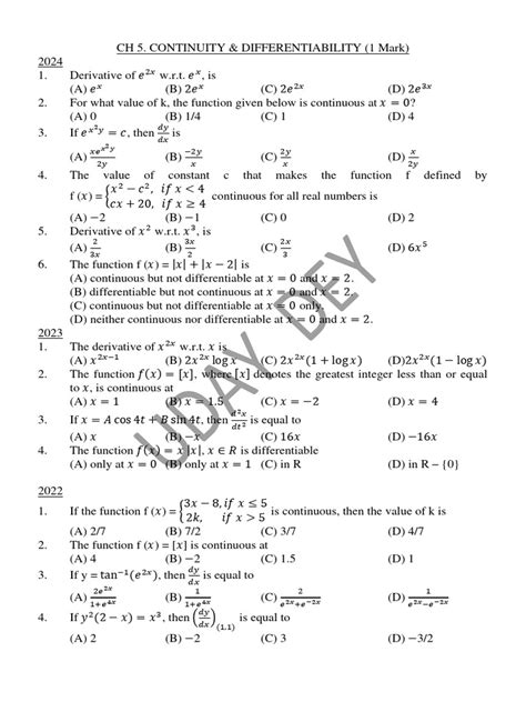 Ch 5 Continuity And Differentiability Pyq Pdf Mathematical Relations