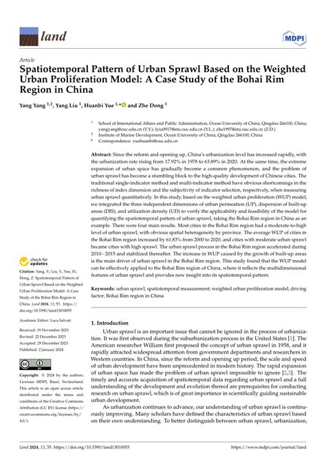 Pdf Spatiotemporal Pattern Of Urban Sprawl Based On The Weighted Urban Proliferation Model A