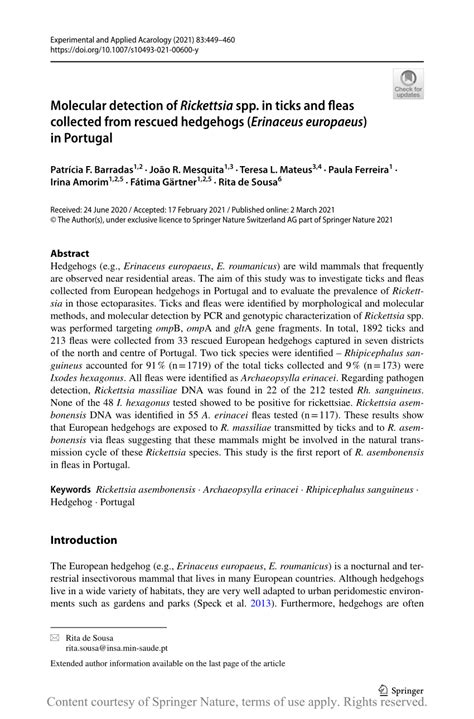 Molecular Detection Of Rickettsia Spp In Ticks And Fleas Collected From Rescued Hedgehogs