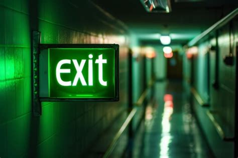Green Exit Sign In A Dark Hallway Premium AI Generated Image