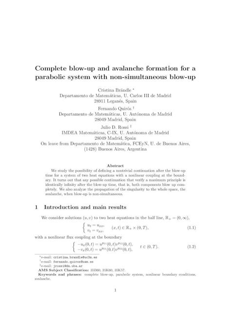 Pdf Complete Blow Up And Avalanche Formation For A Parabolic System