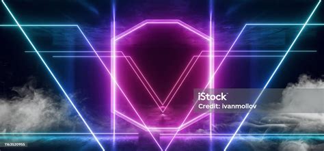 연기 공상 과학 Fi 미래 단계 네온 조명 레이저 보라색 파란색 빛나는 현대 복고풍 우아한 우주선 클럽 밤 어두운 차고 지하 그런지 콘크리트 반사 추상적 인 3d 렌더링 0