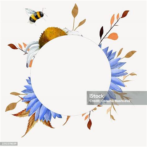 텍스트를 위한 공간이 있는 둥근 프레임입니다 호박벌 카모마일 루드베키아 및 마른 가을 가지 수채화 조성물 분리 흰색 배경에 손으로 그리는 그림 카드 디자인 초대장 0명에