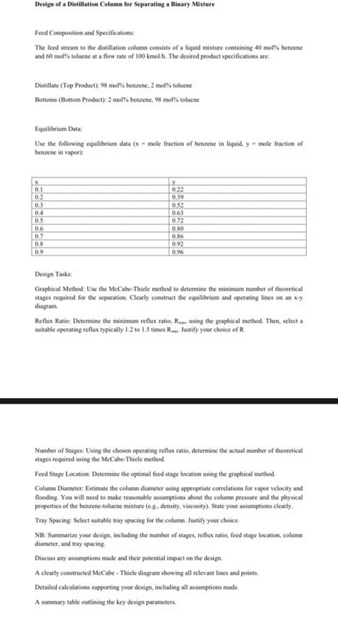 Design Of A Distillation Column For Separating A Binary Mixture Feed