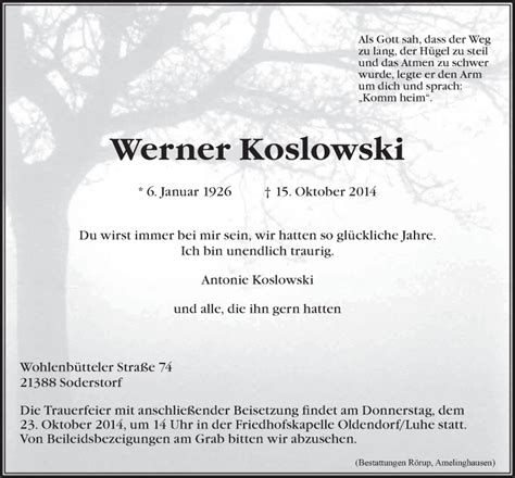 Traueranzeigen Von Werner Koslowski Trauer Lüneburg De