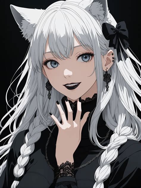 길고 흰 머리에 고양이 귀가 달린 검은 드레스를 입은 여자 Seaart Ai