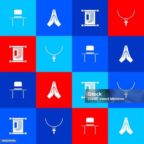 정통 유대인 모자를 사이드록으로 설정하고 기도 하는 위치에 손 법령 종이 양피지 스크롤 및 기독교 크로스 체인 아이콘 벡터 0명에 대한 스톡 벡터 아트 및 기타 이미지