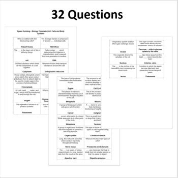 Cells And Body Systems Unit Speed Quizzing By Teach With Fergy