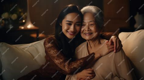 Premium Ai Image An Asian Young Woman Hugging Her Gray Hair Mother At