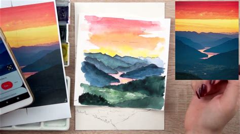 Уроки рисования акварельными красками Как нарисовать красивый горный пейзаж на закате Youtube