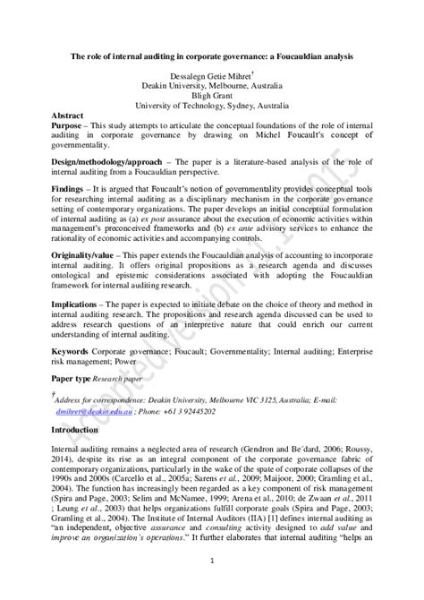 Pdf The Role Of Internal Auditing In Corporate Governance A Foucauldian Analysis