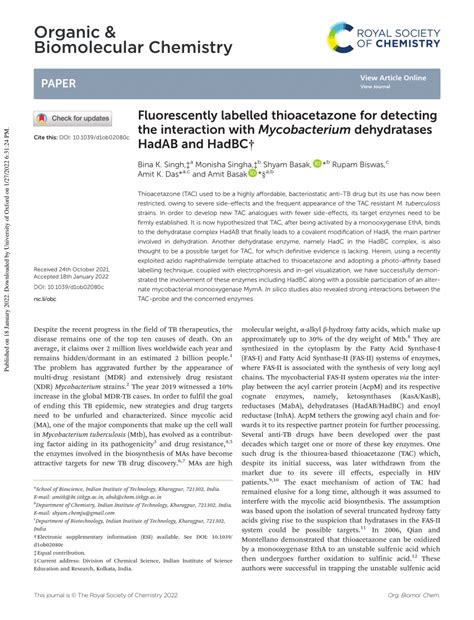 Pdf Fluorescently Labelled Thioacetazone For Detecting The