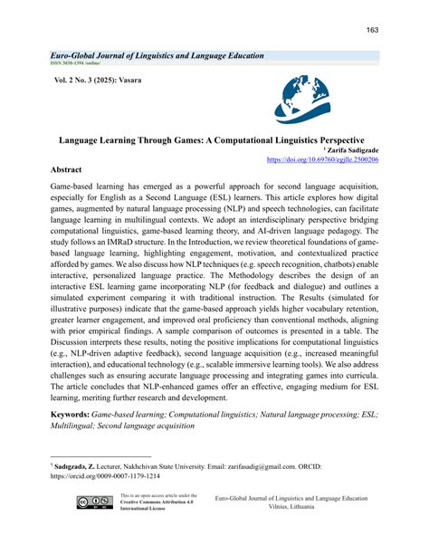 Pdf Language Learning Through Games A Computational Linguistics Perspective