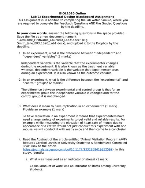 Lab 1 Part B Assignment Biol1020 Online Lab 1 Experimental Design Blackboard Assignment This