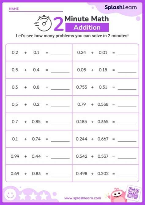 Add Decimals Less Than 1 Horizontal Timed Practice — Printable Math