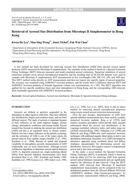Pdf Retrieval Of Aerosol Size Distribution From Microtops Ii Sunphotometer In Hong Kong