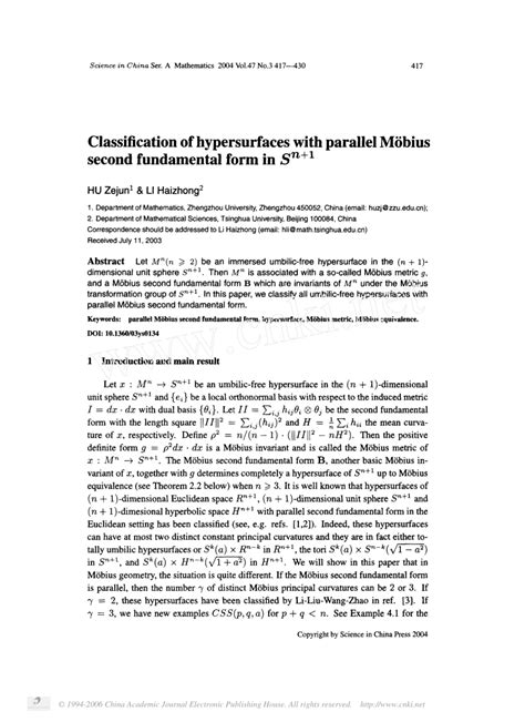Pdf Classification Of Hypersurfaces With Parallel M Bius Second Fundamental Form In Sn 1