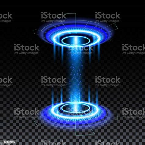 블루 홀로그램 포털 매직 판타지 포털 홀로그램 효과매직 서클 텔레포트 연단 투명한 배경에 불꽃이 있는 벡터 블루 글로우 광선 강단에 대한 스톡 벡터 아트 및 기타 이미지
