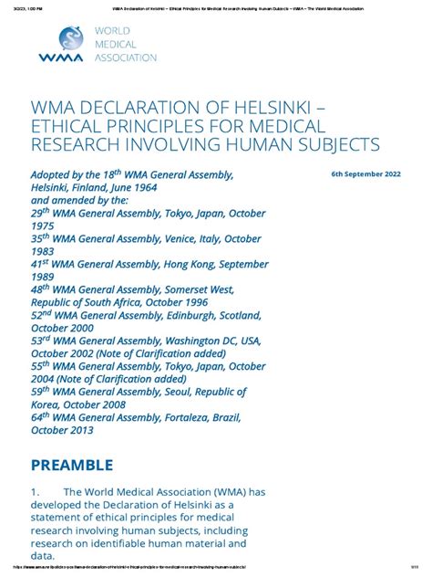 Wma Declaration Of Helsinki Ethical Principles For Medical Research