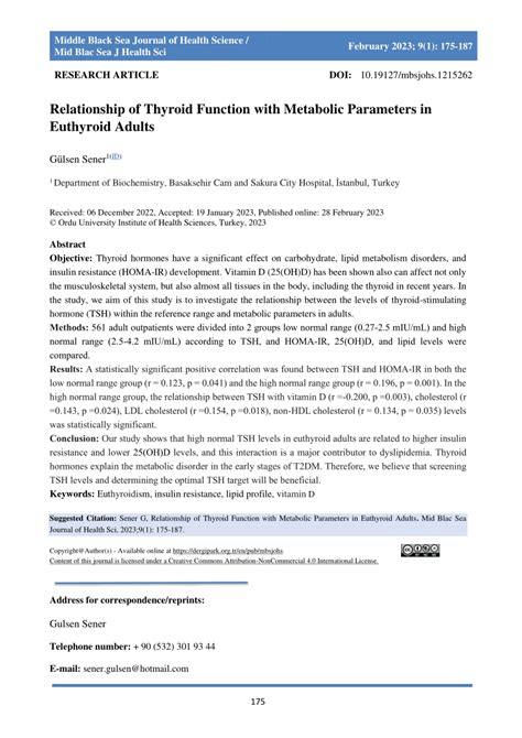 Pdf Relationship Of Thyroid Function With Metabolic Parameters In Euthyroid Adults