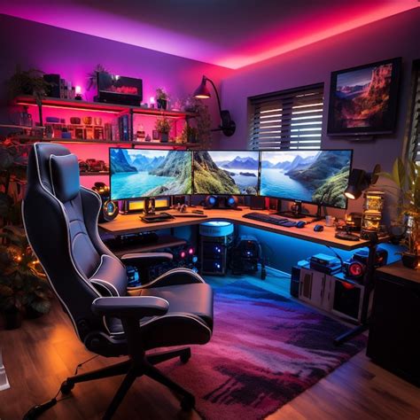 Premium Ai Image Gaming Computer Setup Rgb Lighting And Curved Monitor Gaming Chair Rgb