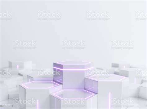 디스플레이 제품 쇼케이스를위한 보라색 네온 빛과 미래 흰색 육각형 공상 과학 받침대 3d 렌더링 0명에 대한 스톡 사진 및 기타 이미지 Istock