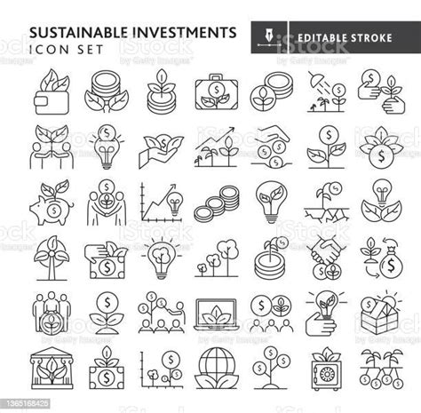 녹색 지속 가능한 투자 성장 윤리적 투자 사회적으로 책임있는 투자 얇은 라인 아이콘 세트 투자에 영향을 편집 스트로크 아이콘에 대한 스톡 벡터 아트 및 기타 이미지 Istock