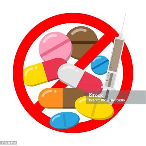 ชุดไอคอนประกอบด้วยสัญลักษณ์ของเข็มฉีดยายาและยาเม็ดทั้งหมดเน้นข้อความ ไม่ หรือ หยุดยา ภาพประกอบ