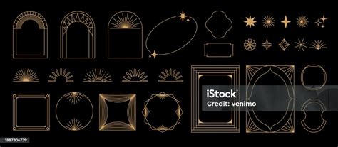 간단한 선형 스타일의 디자인 요소 및 일러스트레이션 벡터 세트 Boho 아치 및 테두리 로고 디자인 요소 및 소셜 미디어 스토리 및 게시물 인쇄물 및 포스터 요소에 대한