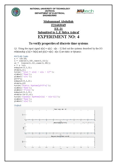 Dsp Lab 4 49 To Verify Properties Of Discrete Time Systems National University Of Technology