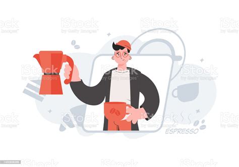 한 남자가 커피에 허리 깊숙이 서 있습니다 커피숍 프리젠 테이션 사이트를위한 요소 개념에 대한 스톡 벡터 아트 및 기타 이미지