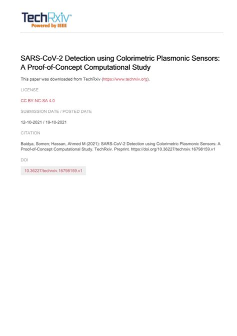 Pdf Sars Cov 2 Detection Using Colorimetric Plasmonic Sensors A Proof Of Concept