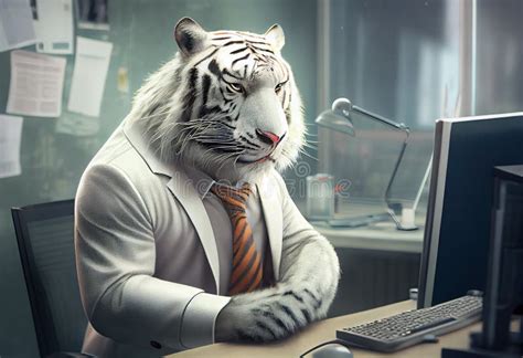 Portrait Of An Anthropomorphic White Tiger As A Developer In The Office
