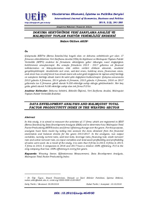 Pdf Data Envelopment Analysis And Malmquist Total Factor Productivity Index In The Weaving