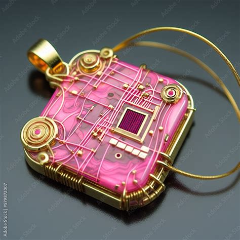 Pendant Made Of A Pink Circuit Board Piece With Gold Wire Wrapping Concept Of Wire Wrapping And