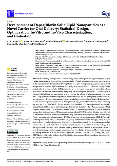 Pdf Development Of Dapagliflozin Solid Lipid Nanoparticles As A Novel Carrier For Oral