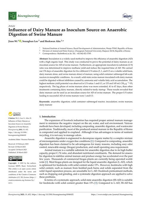 Pdf Influence Of Dairy Manure As Inoculum Source On Anaerobic Digestion Of Swine Manure