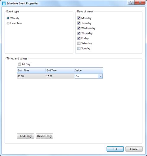schedule event properties dialog box weekly view