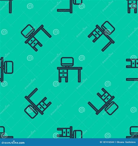 Blue Line Computer Monitor And Desk Icon Isolated Seamless Pattern On Green Background Pc