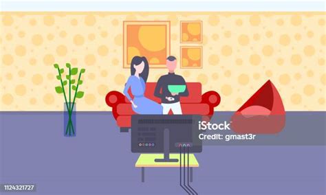 커플 소파 연인 재미에 앉아 보고 Tv 남자 여자 휴가 휴식 개념 현대 아파트 인테리어 남성 여성 만화 캐릭터 전체 길이 평면 수평 2명에 대한 스톡 벡터 아트 및 기타