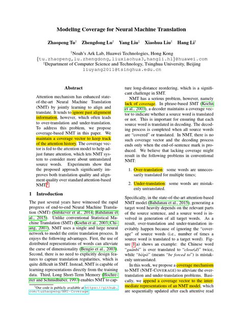 2016 Acl Modeling Coverage For Neural Machine Translation Pdf Cognitive Science