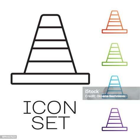 흰색 배경에 격리된 검은색 줄 트래픽 콘 아이콘입니다 다채로운 아이콘을 설정합니다 벡터 Crash Site에 대한 스톡 벡터