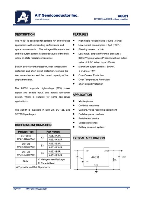 A6531 30v And 500ma Cmos Voltage Regulator Ait Semiconductor