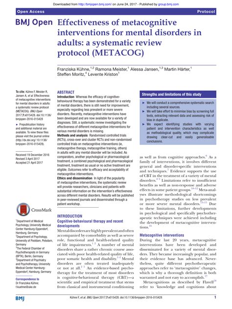 Pdf Effectiveness Of Metacognitive Interventions For Mental Disorders In Adults A Systematic