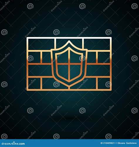 Gold Line Shield With Cyber Security Brick Wall Icon Isolated On Dark Blue Background Data