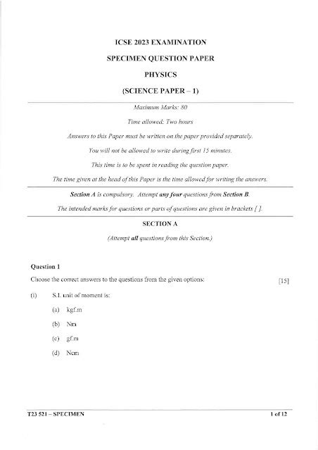 icse physics solved specimen paper 2023 sec a b